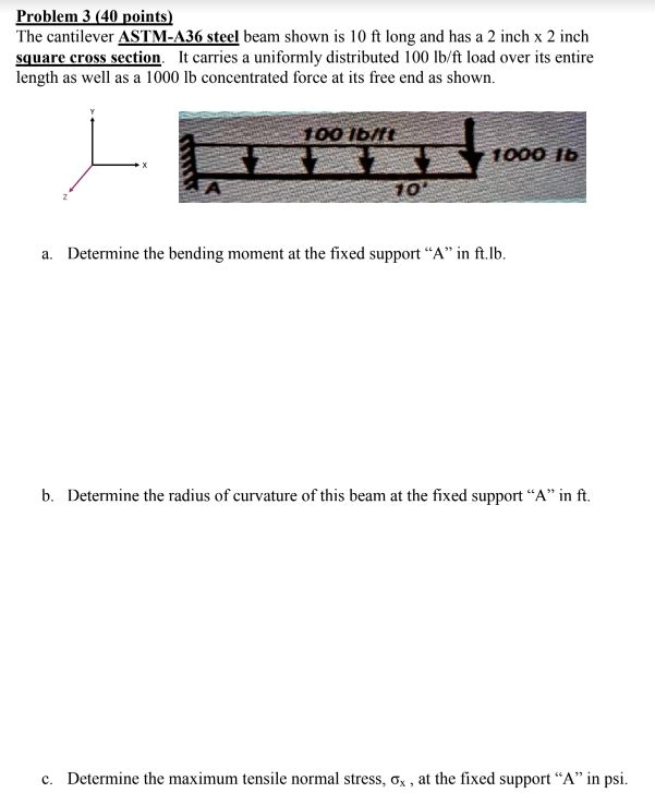 SOLVED: Problem 3 (40 points): The cantilever ASTM-A36 steel beam shown is 10 ft long and has a ...