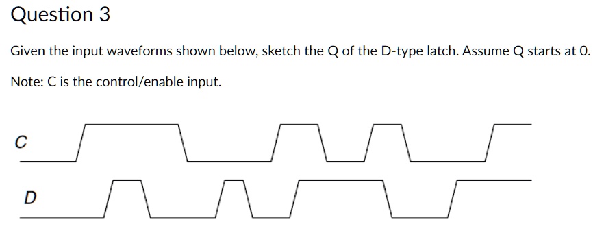 SOLVED: Question 3 Given the input waveforms shown below,sketch the Q of the D-type latch.Assume ...