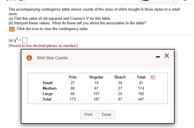 SOLVED: The ccompanying contingency table shows counts of the sizes of ...