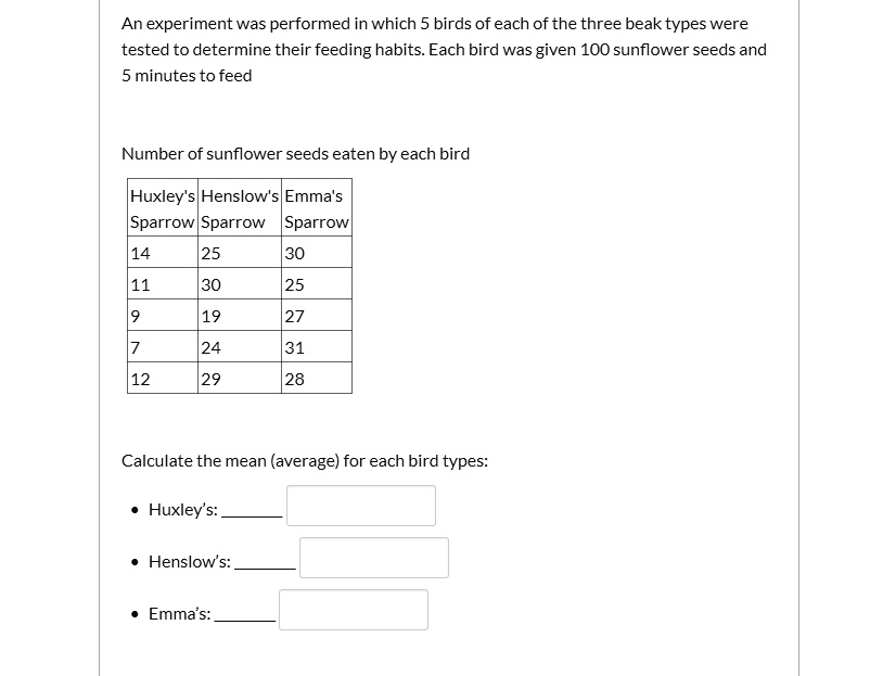 An experiment was performed in which 5 birds of each of the three beak ...