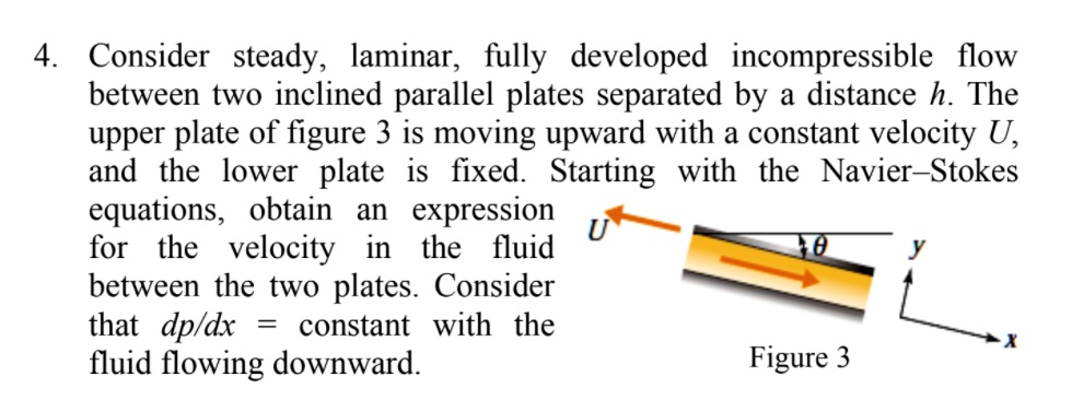 4. Consider steady, laminar, fully developed incompressible flow between two inclined parallel ...