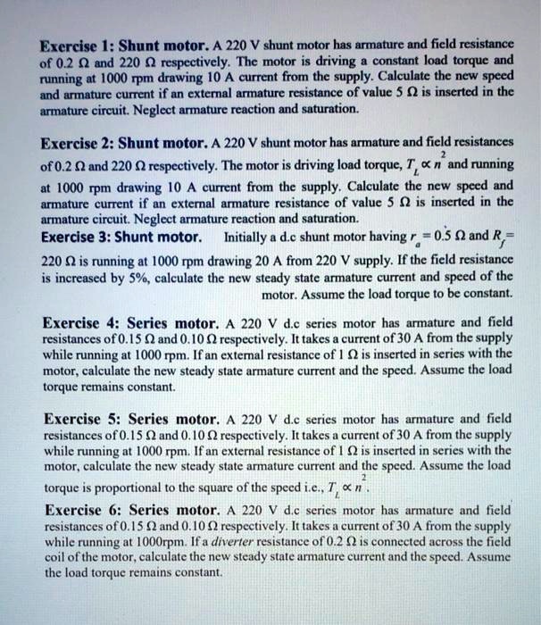 SOLVED: Exercise 1: Shunt motor. A 220 V shunt motor has armature and ...