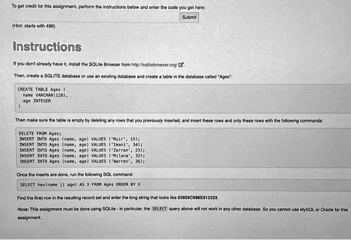 To get credit for this assignment, perform the instructions below and enter the code you get ...