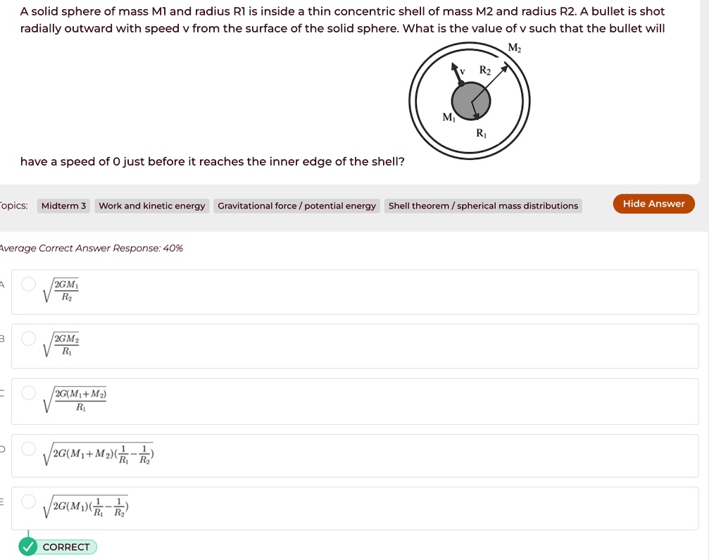 A solid sphere of mass M1 and radius R1 is inside a thin concentric shell of mass M2 and radius ...