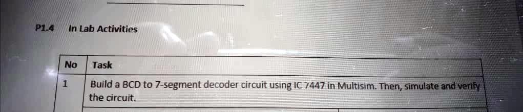 SOLVED: P1.4 in Lab Activities Task 1 Build a BCD to 7-segment decoder ...