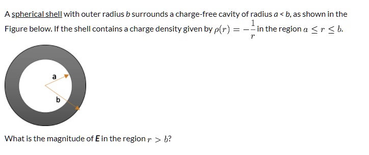 a spherical shell with outer radius b surrounds a charge free cavity of radius a b as shown in ...