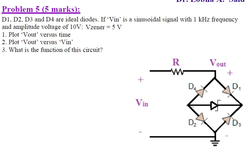 SOLVED: Problem 5 (5 marks): D1, D2, D3, and D4 are ideal diodes. If ...