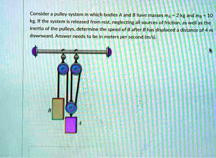 Consider a pulley system in which bodies A and B have masses mA = 2 kg ...