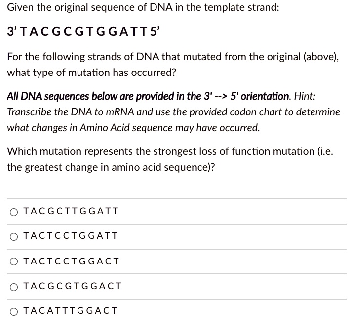 SOLVED: Given the original sequence of DNA in the template strand: 3' TACGCGTGGATT5' For the ...