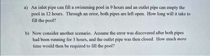 SOLVED: a. An inlet pipe can fill a swimming pool in 9 hours, and an ...