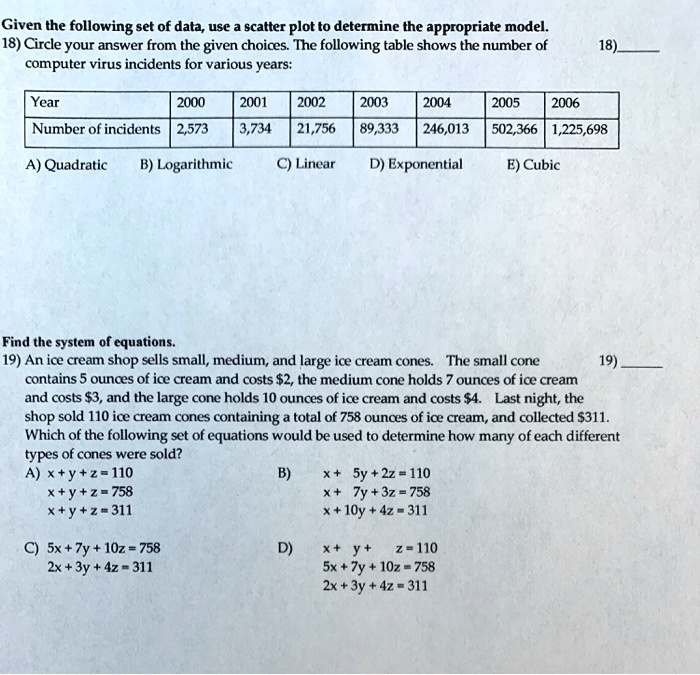given the following set of data use scatter plot to determine the appropriate model 18 circle ...