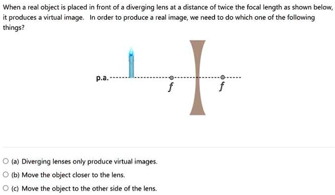 when real object is placed in front of diverging lens at a distance ...