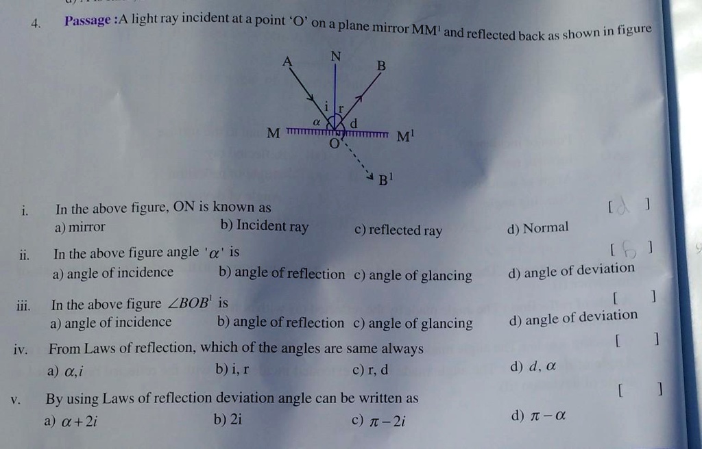 4. Passage : A light ray incident at a point 'O' on a plane mirror MM¹ ...