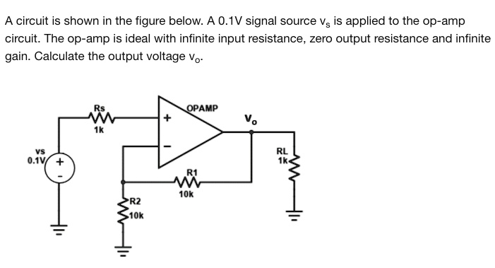 SOLVED: A circuit is shown in the figure below. A 0.1V signal source vs is applied to the op-amp ...