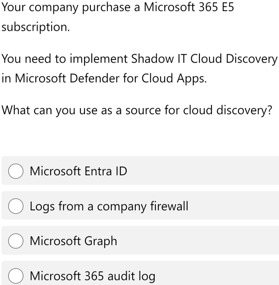 your company purchase a microsoft 365 e5 subscription you need to implement shadow it cloud ...