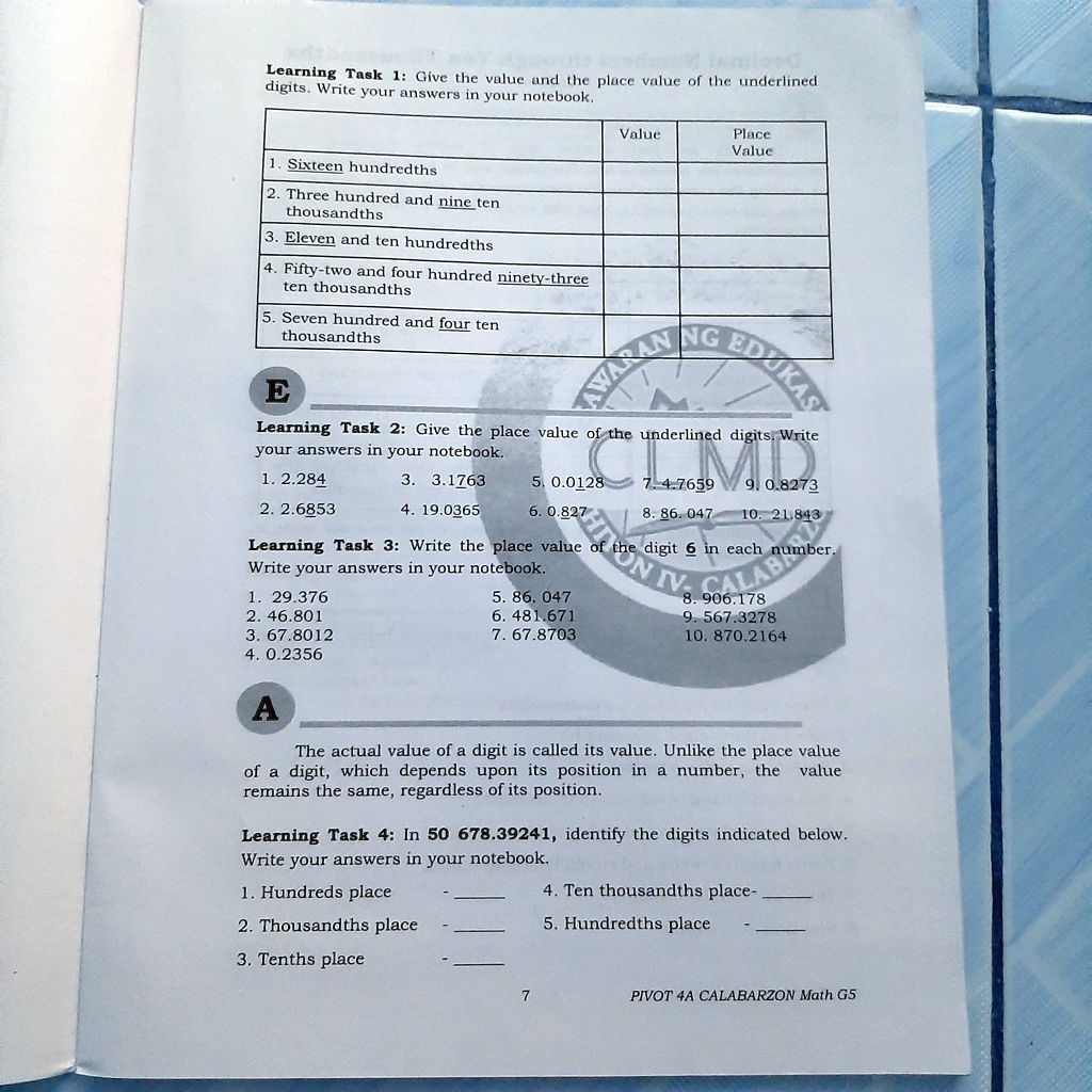 SOLVED: 'Solve the following. Leorning Task 1: Give the vulue und digits the pluce value of the ...