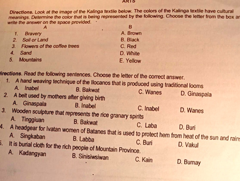 Directions. Look at the image of the Kalinga textile below. The colors ...