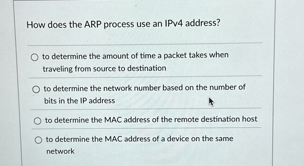 How does the ARP process use an IPv4 address? Oto determine the amount ...