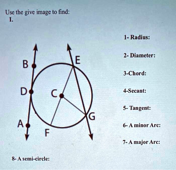 SOLVED:Use the give image to find: 1 1- Radius: 2 - Diameter: B 3-Chord ...