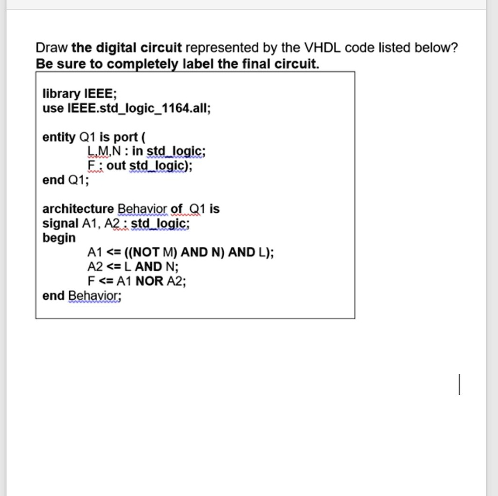 Draw The Digital Circuit Represented By The Vhdl Code Listed Below Be Sure To Completely Label