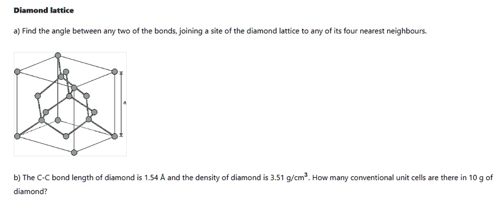 Diamond lattice a) Find the angle between any two of the bonds, joining ...