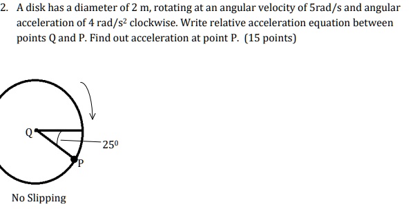 SOLVED: A disk has a diameter of 2 m, rotating at an angular velocity of 5 rad/s and an angular ...