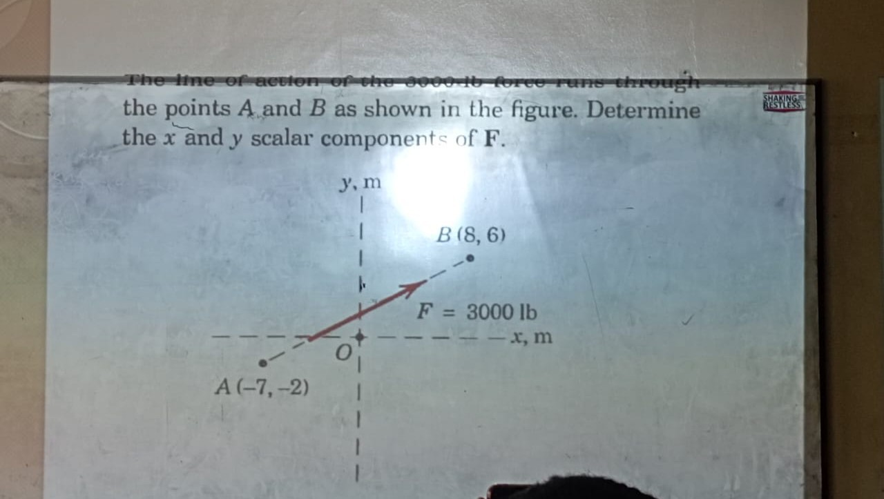 the points A and B as shown in the figure. Determine the x and y scalar components of 𝐅.