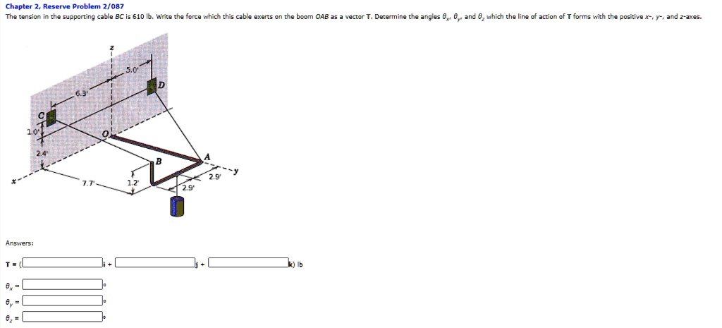 the tension in the supporting cable bc is 610 lb write the force which this cable exerts on the ...