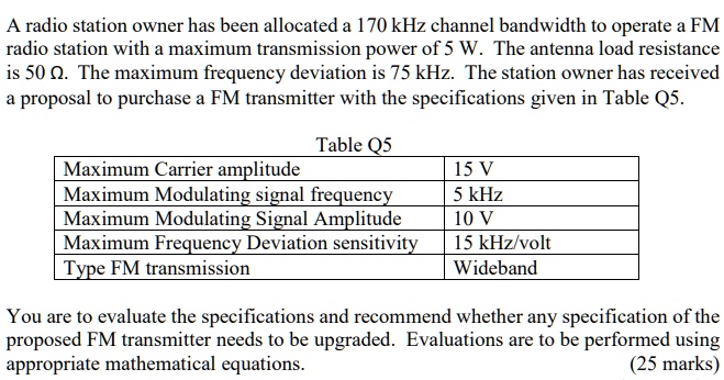 SOLVED: A radio station owner has been allocated a 170 kHz channel bandwidth to operate an FM ...