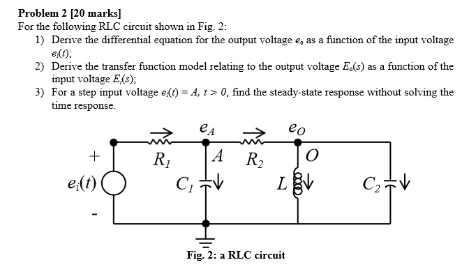 SOLVED: Problem 2 [20 marks] For the following RLC circuit shown in Fig. 2: 1) Derive the ...