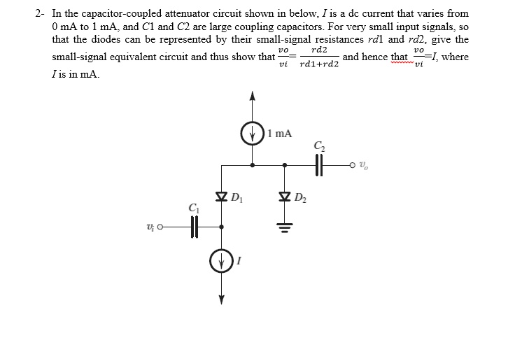 SOLVED: In the capacitor-coupled attenuator circuit shown below, I is a DC current that varies ...
