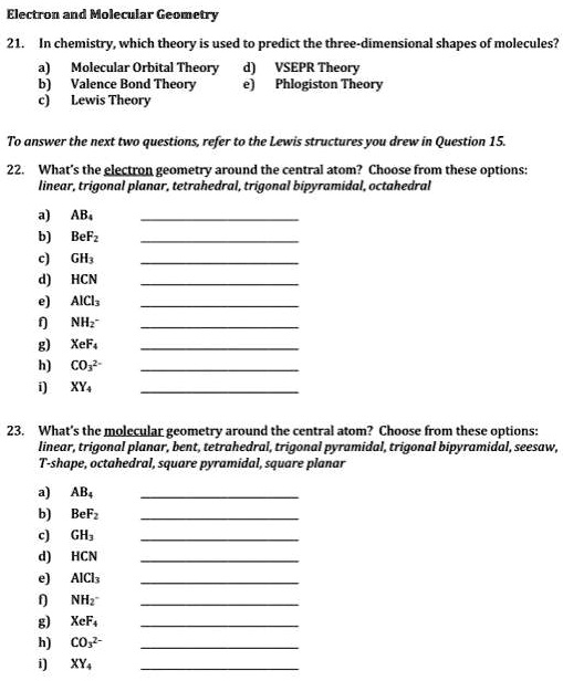 SOLVED:Electron and Molecular Geometry chemistry, which theory used TO ...