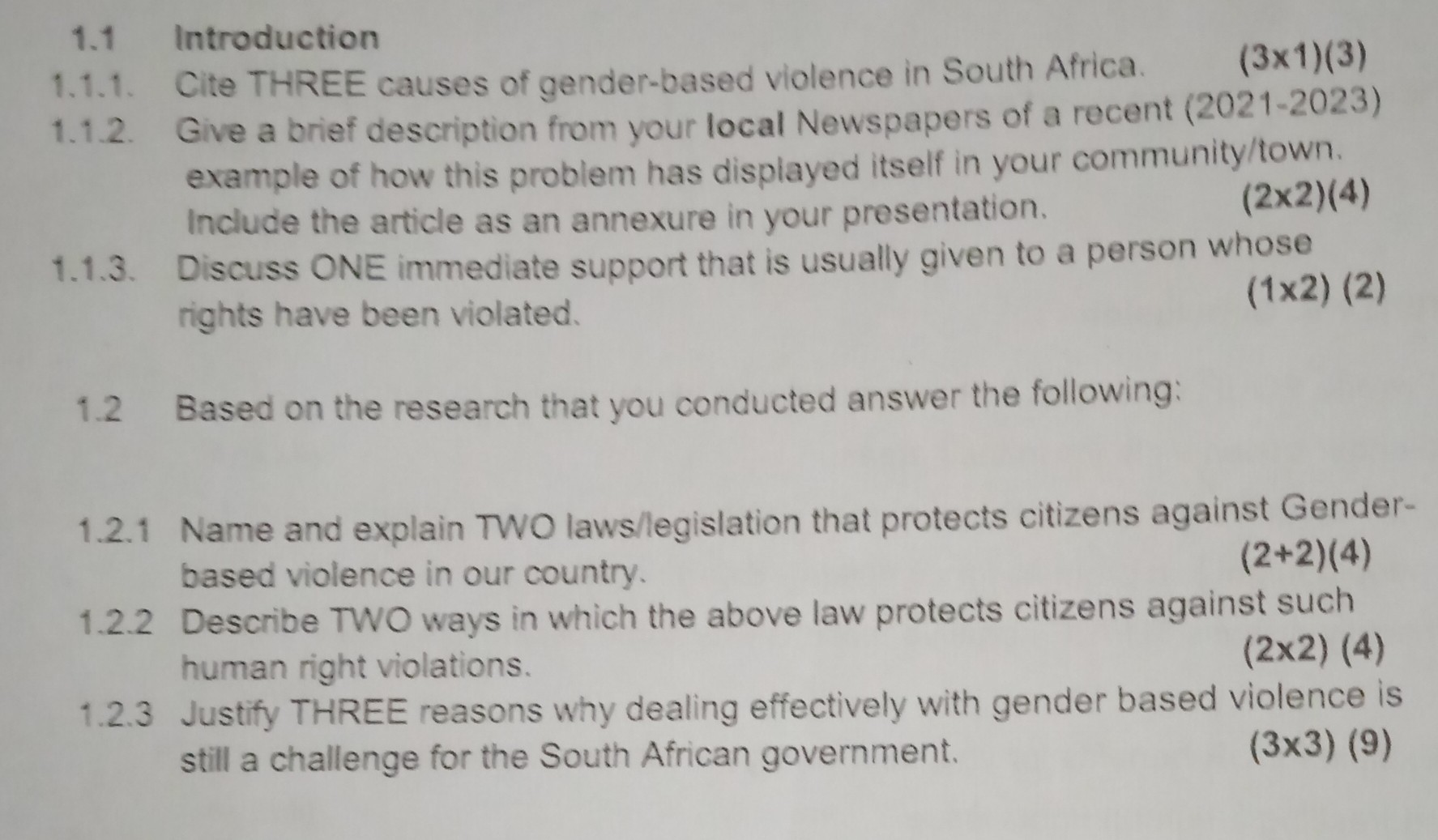 1.1 Introduction 1.1.1. Cite THREE causes of gender-based violence in ...