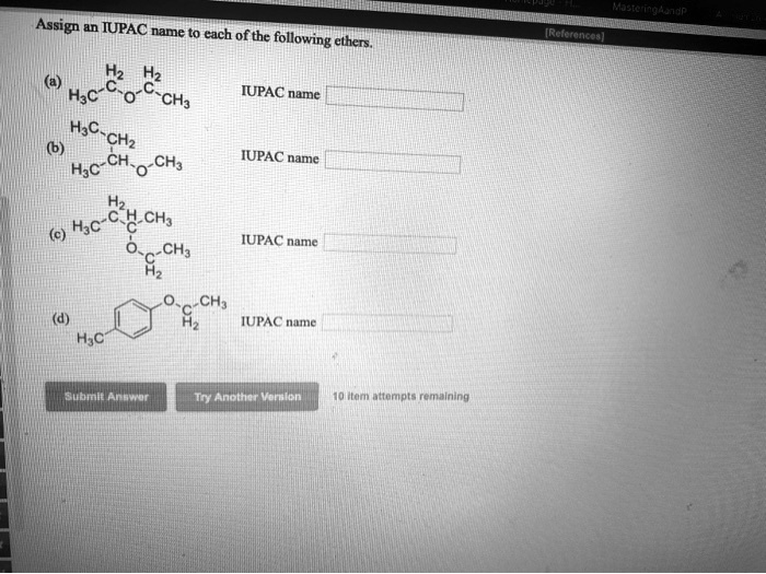 if assign an iupac name to cach of the following ethers hyc c 0 ch3 hsc zho h3c ch ch3 iupac ...