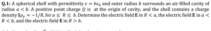 SOLVED: Q.1:A spherical shell with permittivity e = 6eo and outer radius b surrounds an air ...