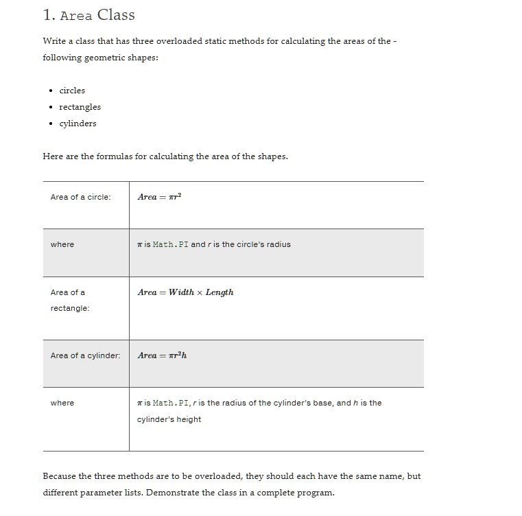 Oh 1 Area Class Write Class That Has Three Overloaded Static Methods For Calculating The Areas