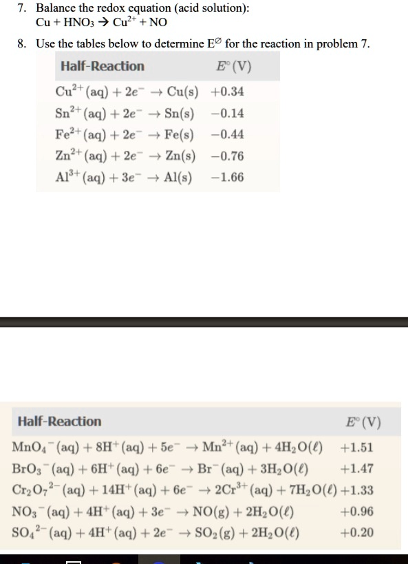 SOLVED: Balance the redox equation (acid solution): Cu + HNO3 â†’ Cu2 ...