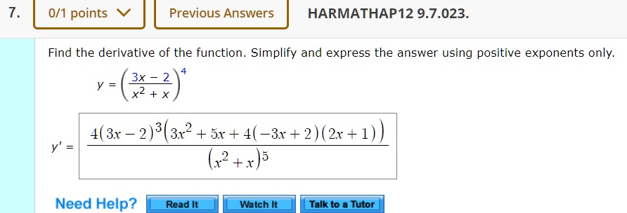SOLVED: HARMATHAP12 9.7.023 Find the derivative of the function ...