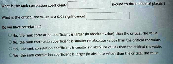 SOLVED: What is the rank correlation coefficient? (Round to three ...