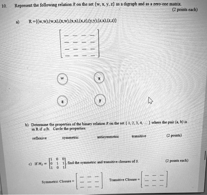 SOLVED: Text: 10. Represent the following relation R on the set W, x, y, 2 as a digraph and as ...