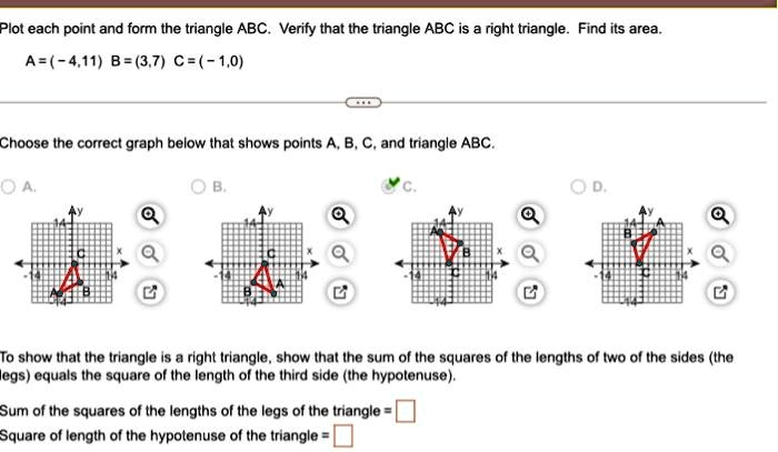 SOLVED: Plot each point and form the triangle ABC. Verify that the ...