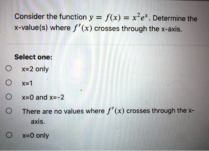 SOLVED: Consider the function y = f(x) = x2ex . Determine the X-value(s) where f' (x) crosses ...