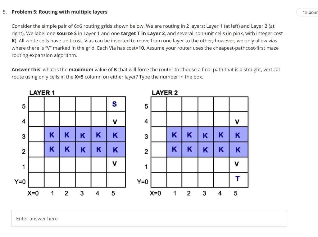 5. Problem 5: Routing with multiple layers Consider the simple pair of 6x6 routing grids shown ...