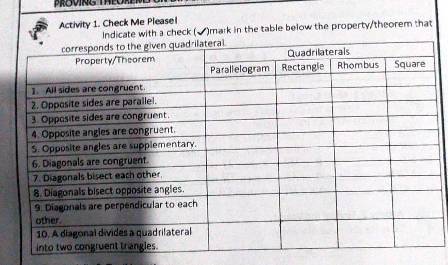 PROVING Activity 1. Check Me Please! Indicate with a check (?)mark in the table below the ...