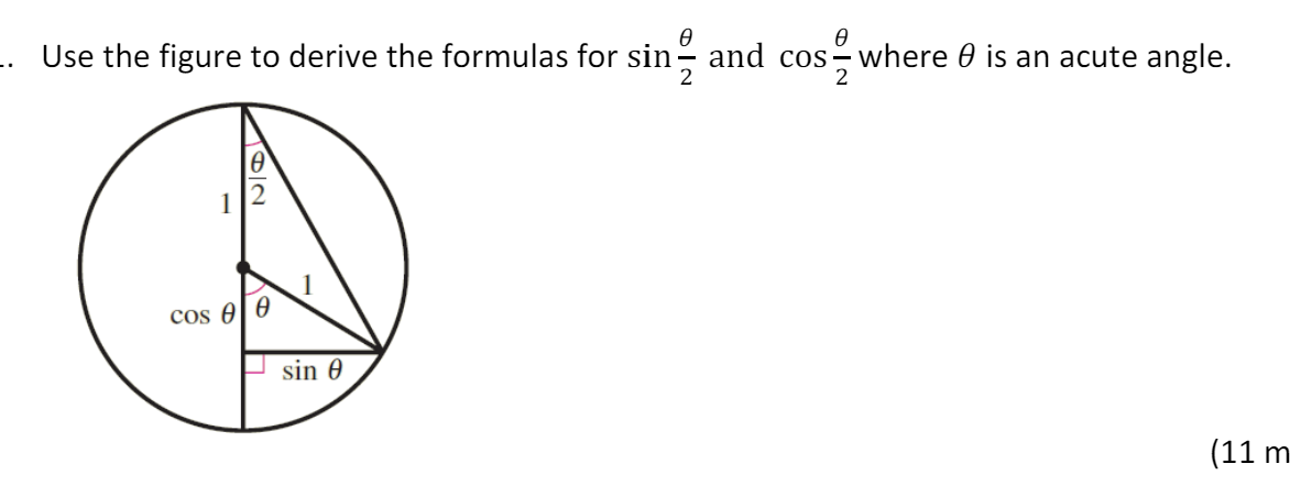 SOLVED: Use the figure to derive the formulas for sin(θ)/(2) and cos(θ)/(2) where θ is an acute ...