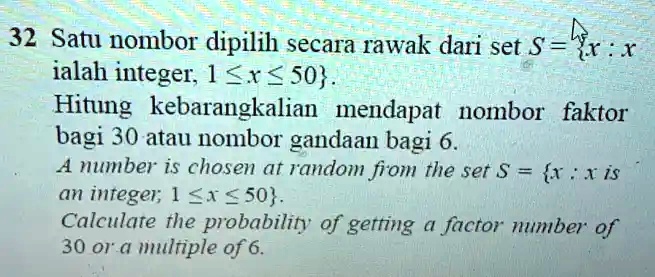 32 satu nombor dipilih secara rawak dari set s yx ialah integer 1 x 50 ...