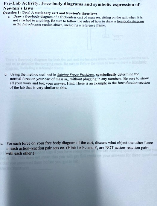 SOLVED: Pre-Lab Activity: Free-body diagrams and symbolie expression of Newton Iaws Question ...