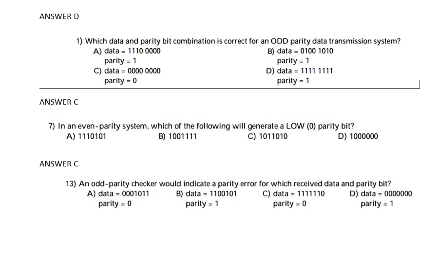 Solved 1 Which Data And Parity Bit Combination Is Correct For An Odd Parity Data Transmission 