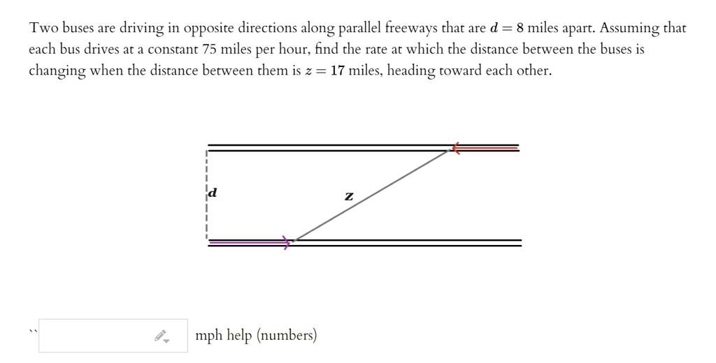 two buses are driving in opposite directions along parallel freeways ...