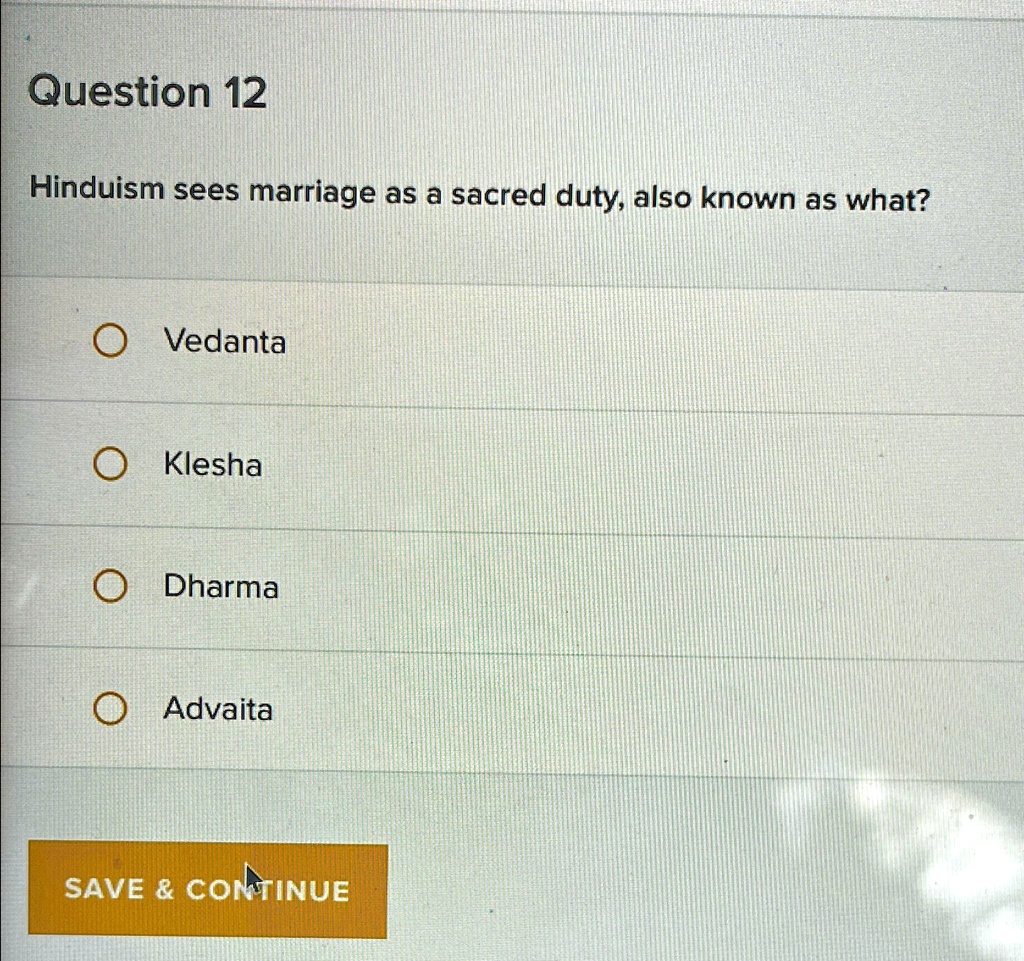 Question 12 Hinduism sees marriage as a sacred duty, also known as what? Vedanta Klesha Dharma ...